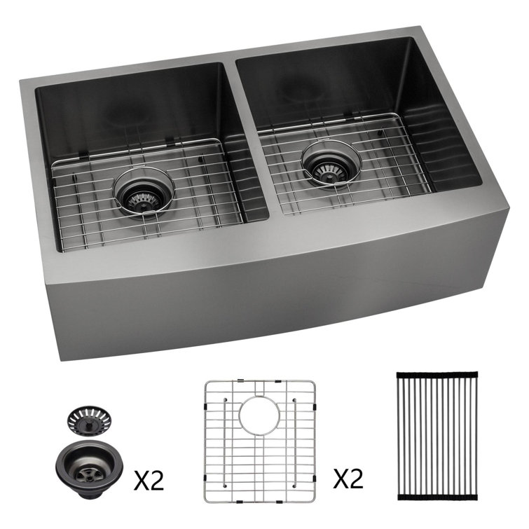 KISRAIS 36'' L Farmhouse / Apron Double Bowl Stainless Steel Kitchen Sink | Wayfair